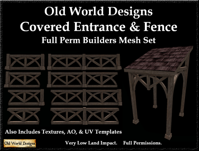 Second Life Marketplace - Old World Designs Portico Covered Entrance and Fence Full perm ...